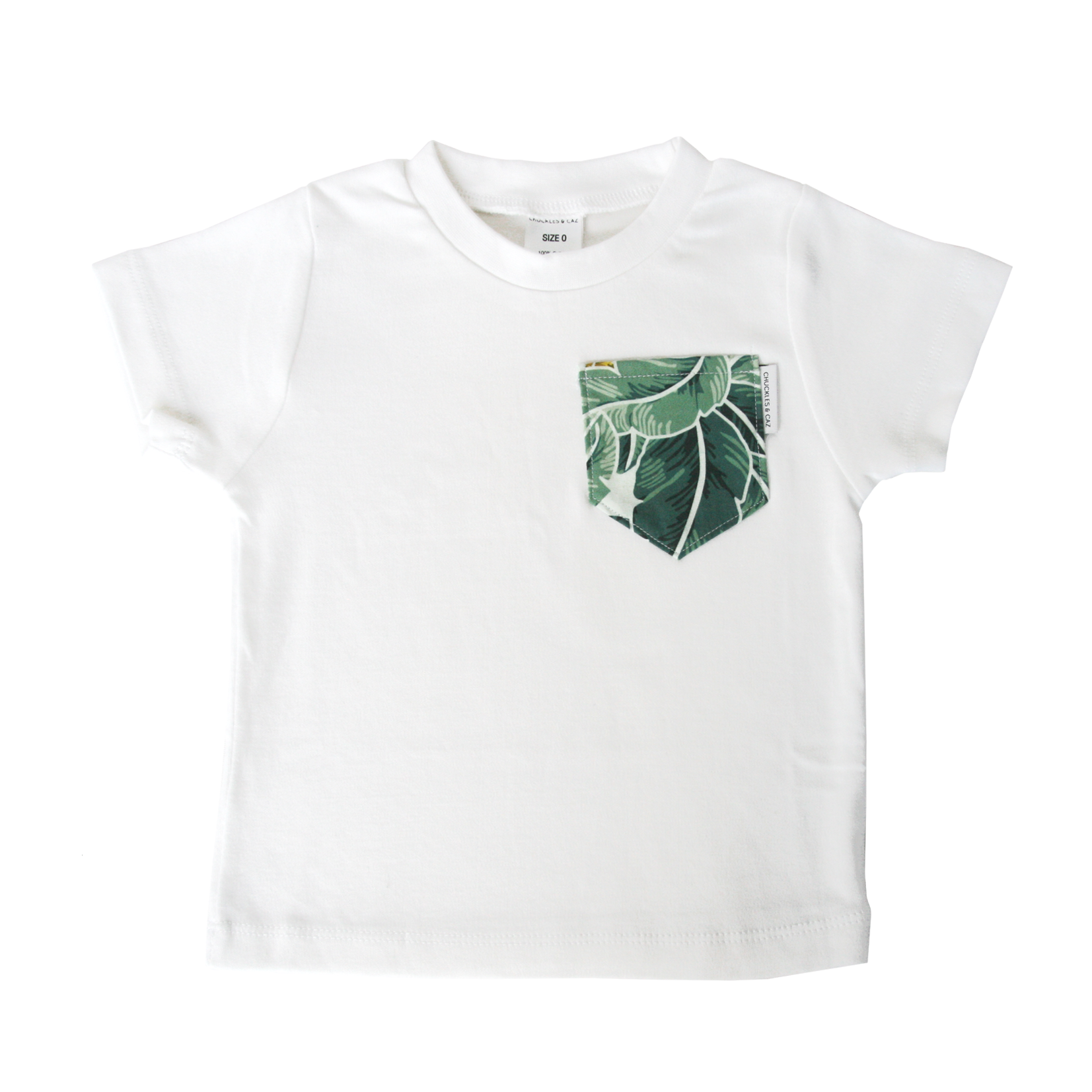 Wholesale Tropical Palm Pocket on White Tee - Chuckles & Caz - Fieldfolio