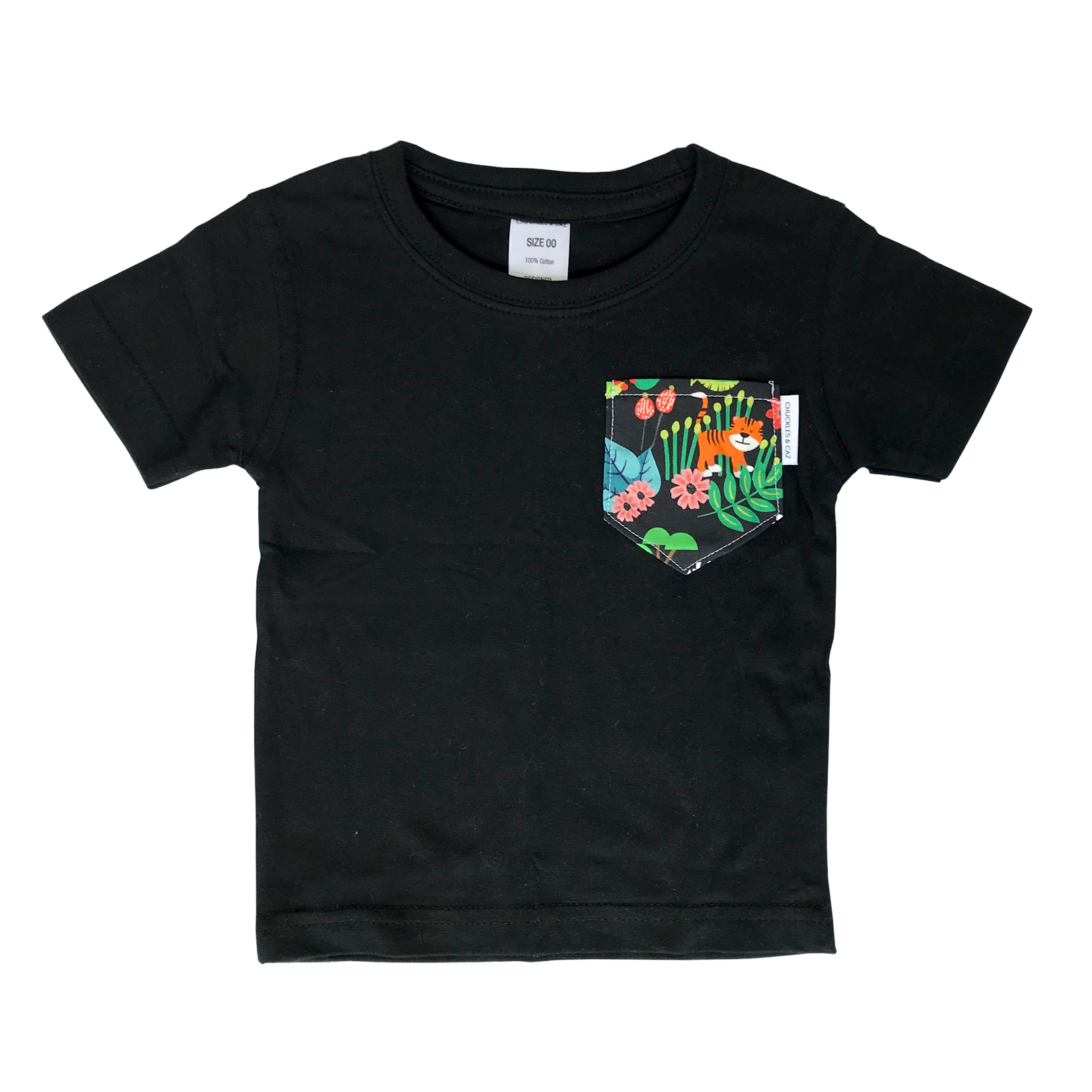 Wholesale Jungle Pocket on Black Tee - Chuckles & Caz - Fieldfolio