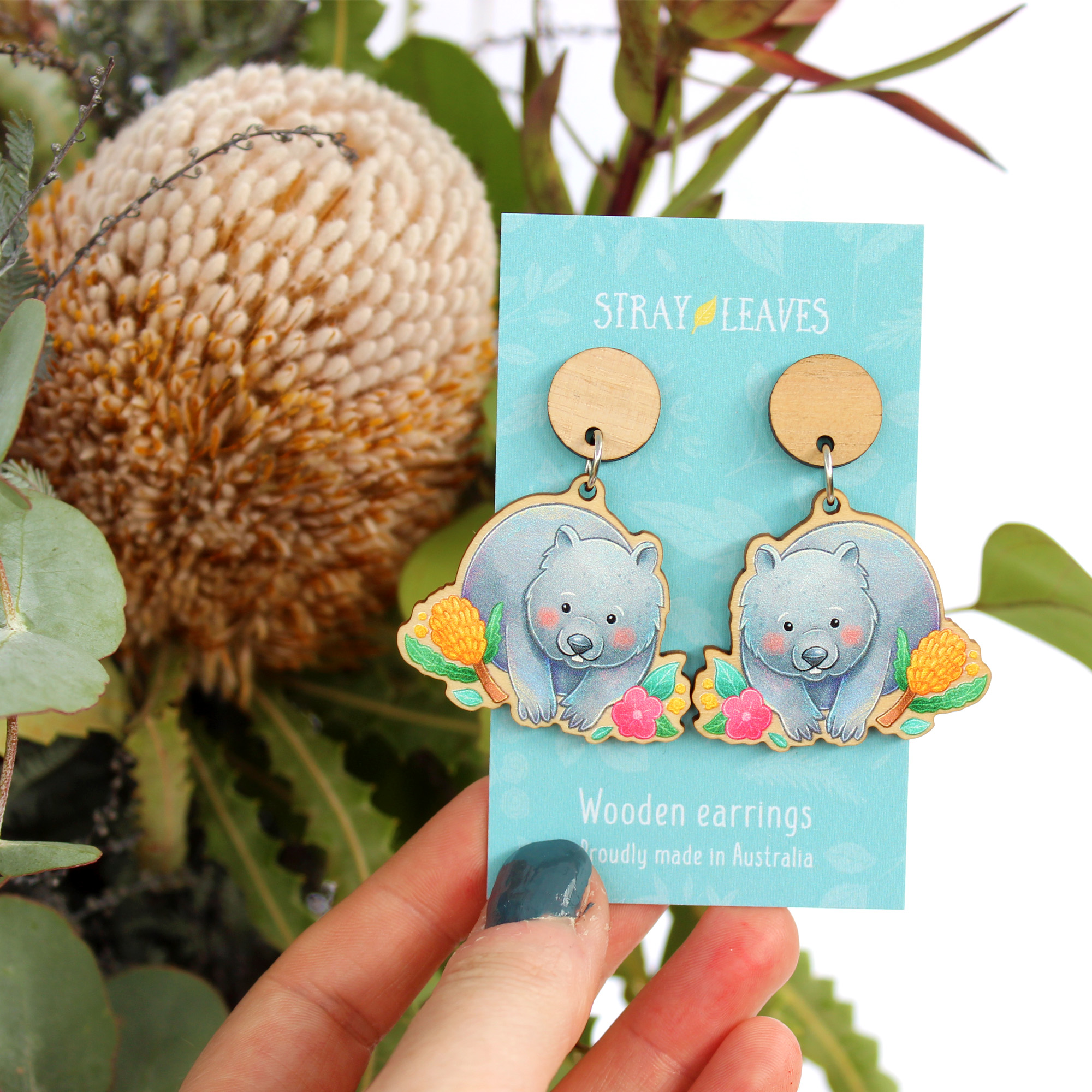 Wholesale Wombat wooden earrings - Stray Leaves - Fieldfolio