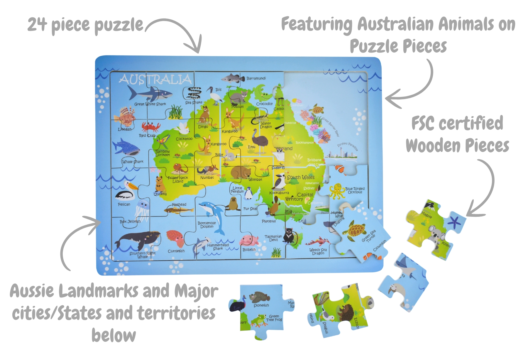 Wholesale 24PC JIGSAW PUZZLE AUSTRALIAN MAP AUSSIE ANIMAL AND LANDMARK ...