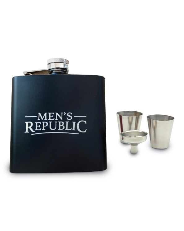 Wholesale Men's Republic Hip Flask, Funnel and 2 Cups - Silver/Blk ...